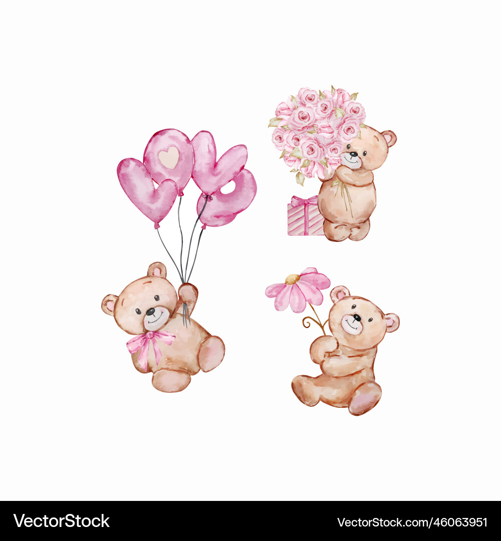 Watercolor valentines day cute teddy bear Vector Image