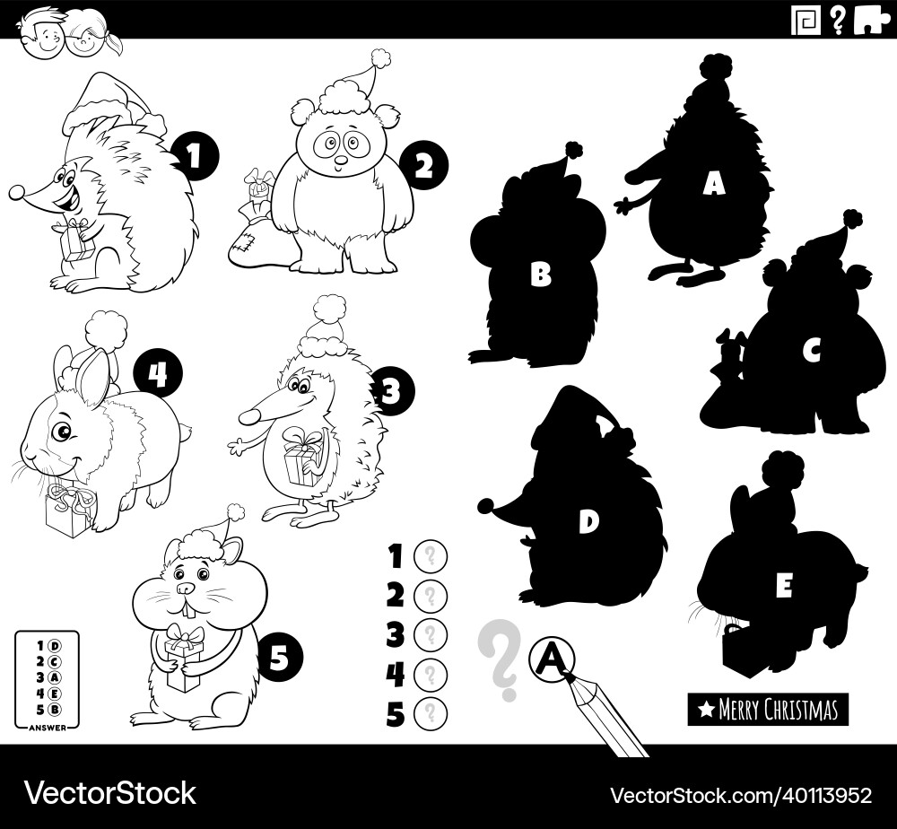 Shadows game with animals on christmas coloring Vector Image