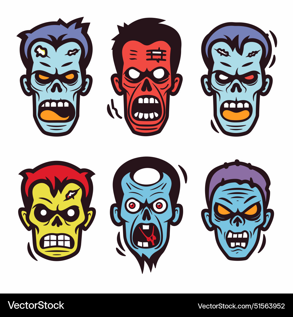 Six cartoon zombie heads featuring variety Vector Image