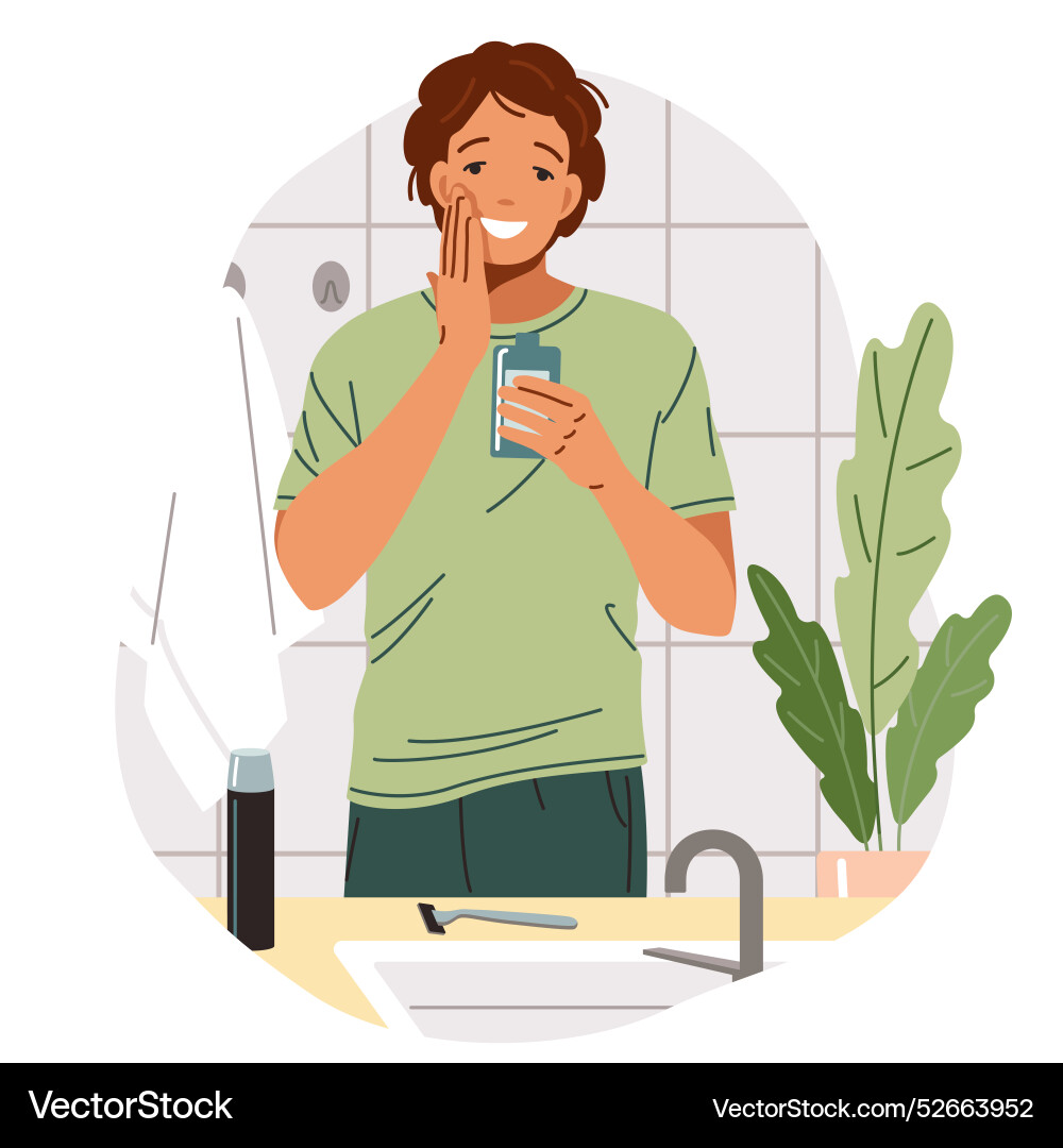 Smiling man moisturizing skin after shaving flat Vector Image