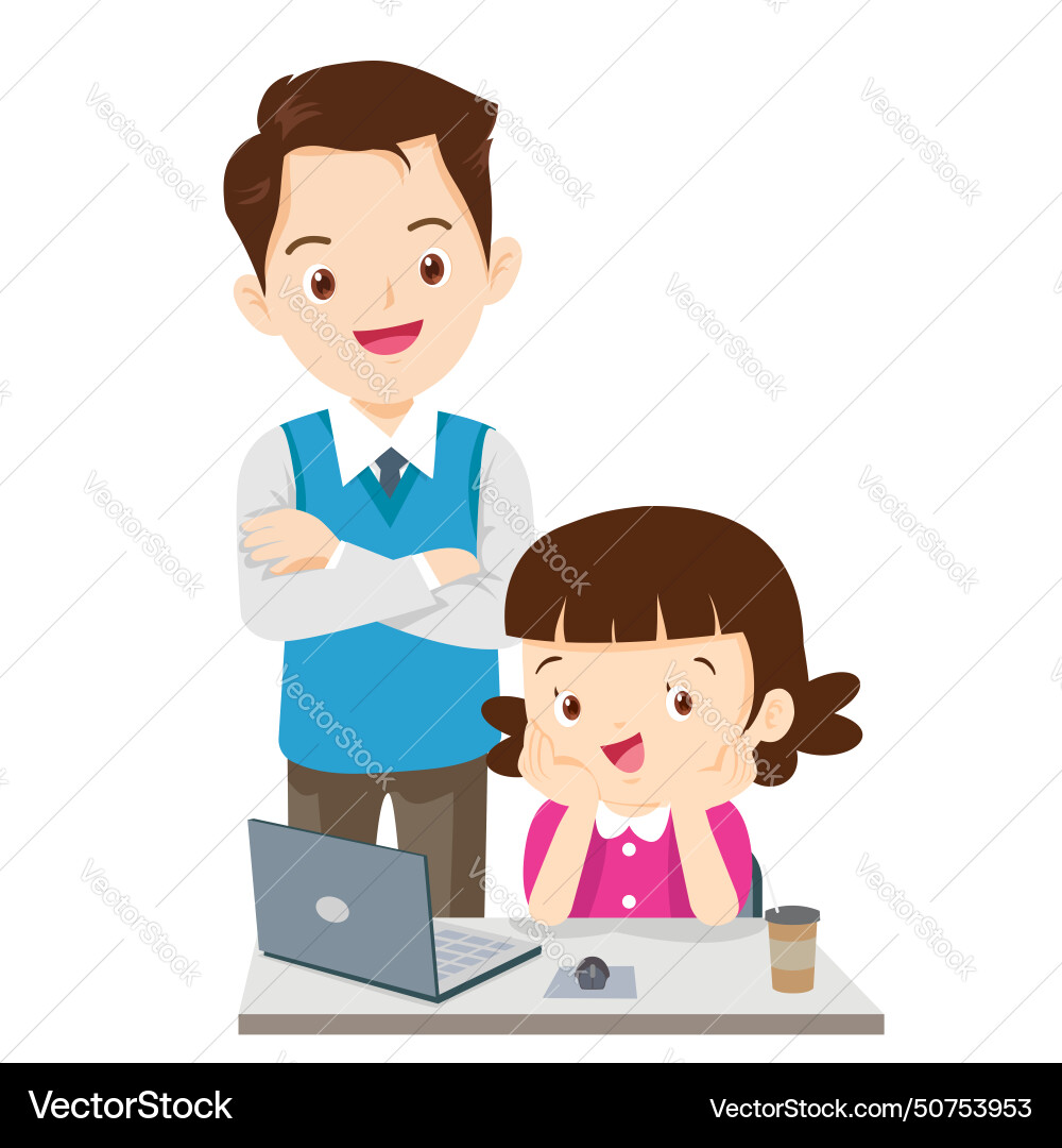 Happy teacher and student learning computer Vector Image