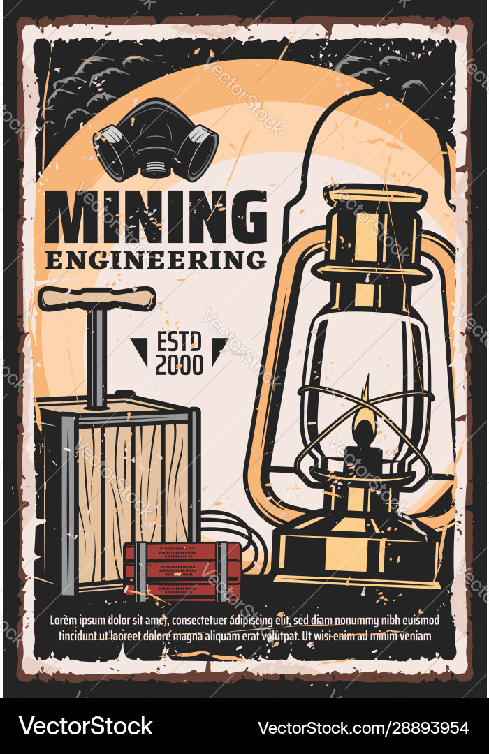 Coal mining miner engineering tools retro poster Vector Image