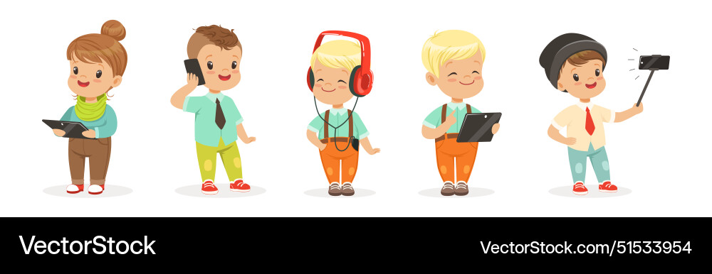Cute kids using modern mobile gadgets set Vector Image
