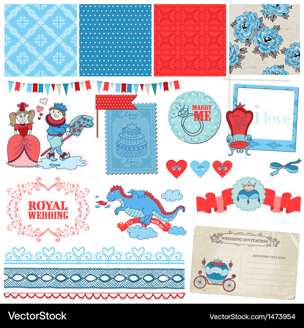 Princess and prince wedding vintage set Royalty Free Vector
