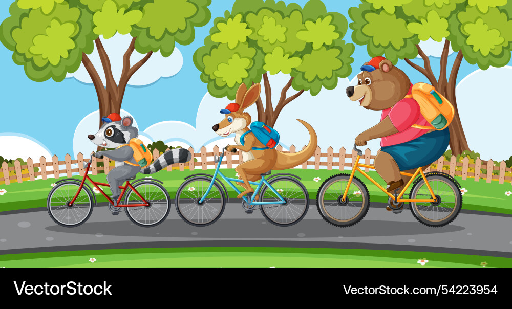 Three animals riding bikes in a park Royalty Free Vector