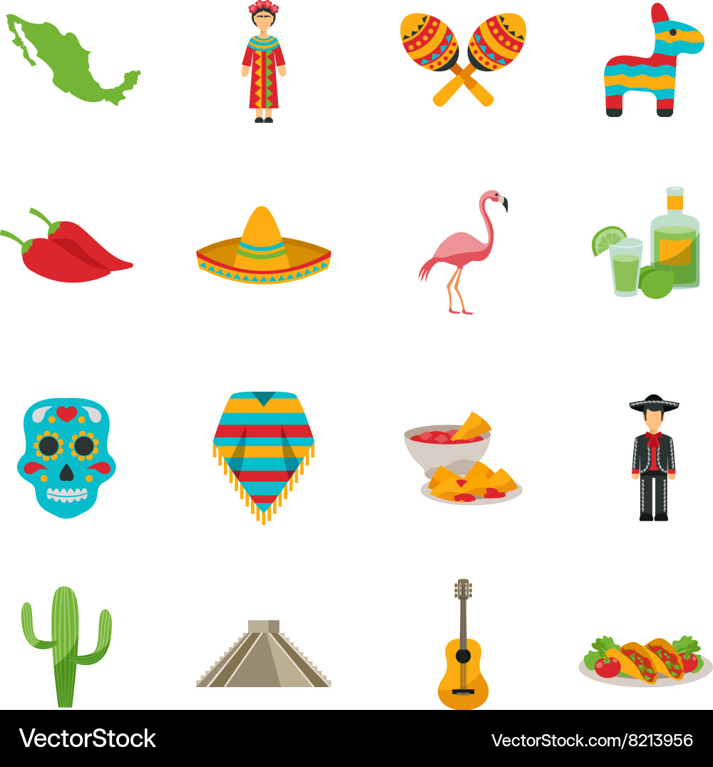 Mexico flat icon set Royalty Free Vector Image