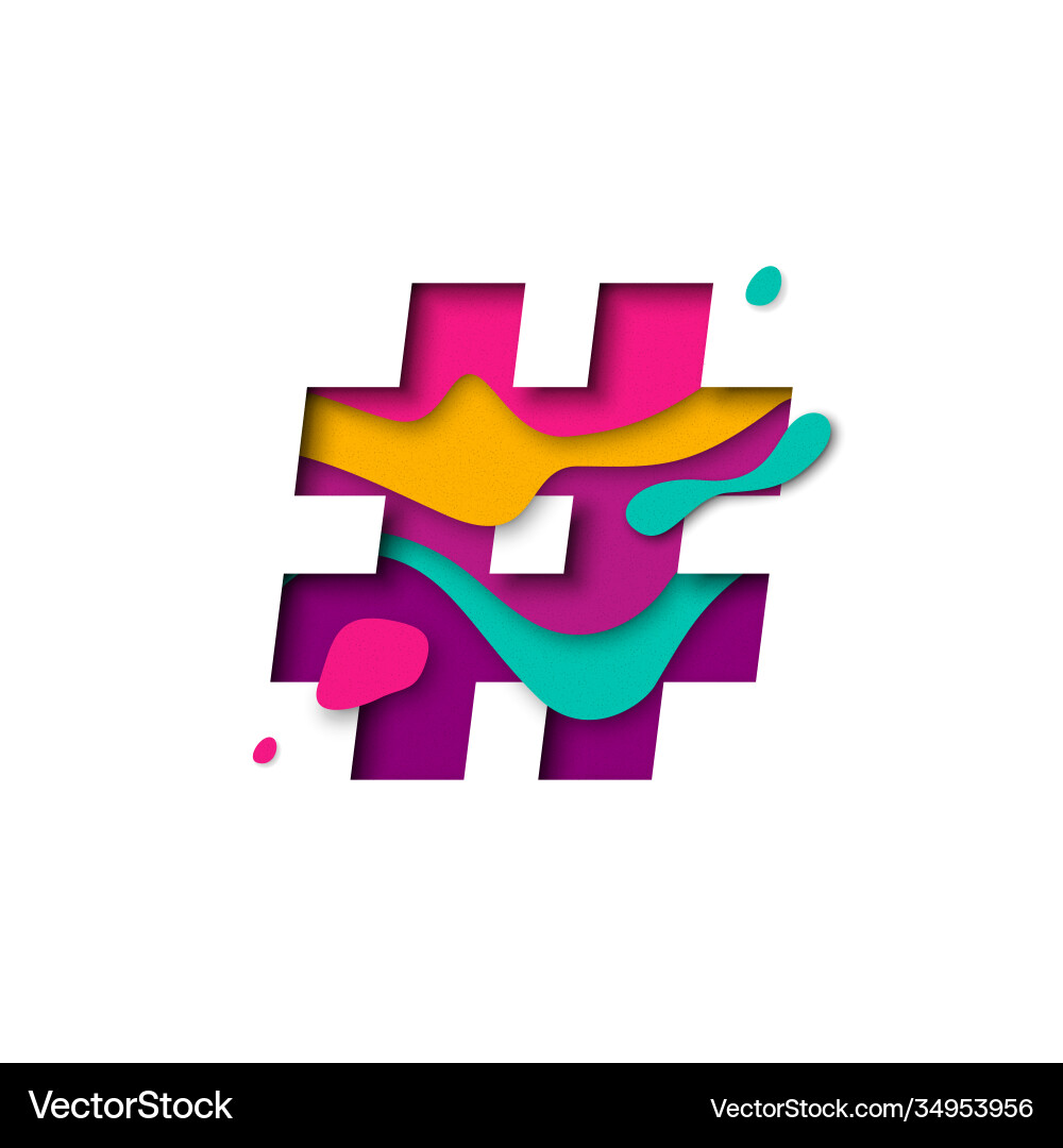 Paper cut hashtag symbol sign realistic 3d multi Vector Image