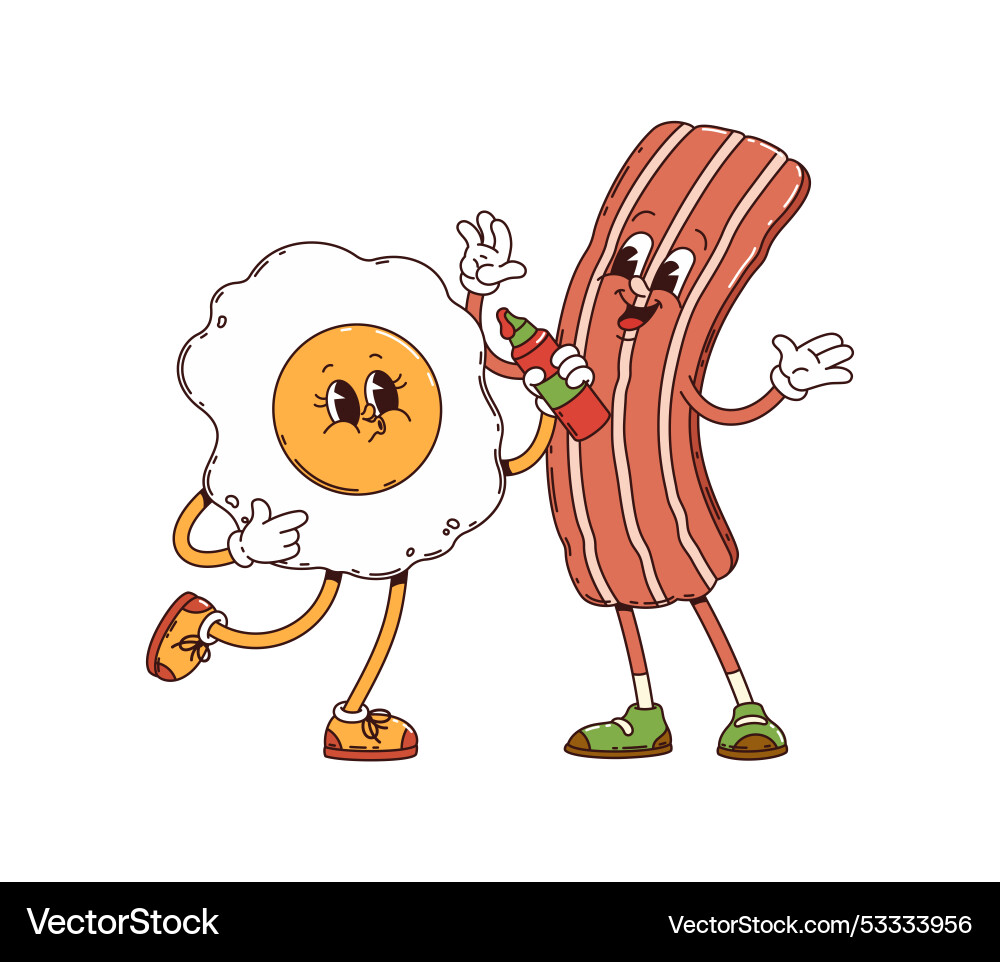 Retro groovy breakfast bacon and fried egg friends