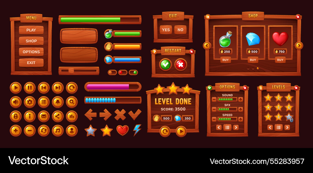 Wooden game interface buttons bars or menu panels Vector Image
