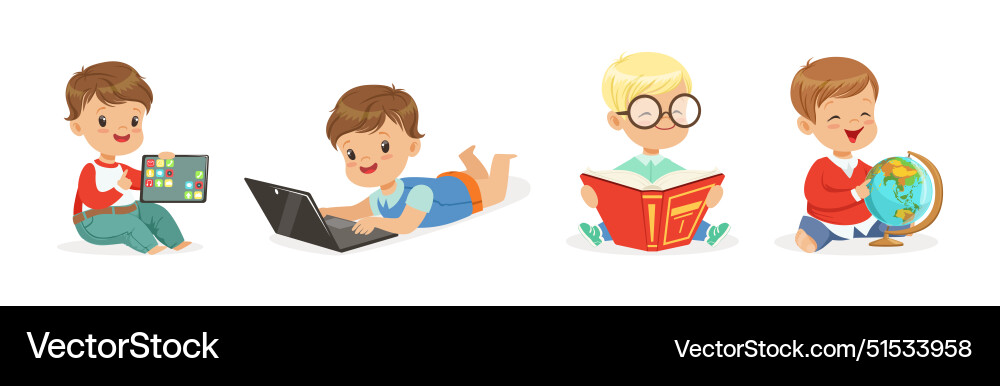 Cute boy using modern mobile gadget and read book Vector Image