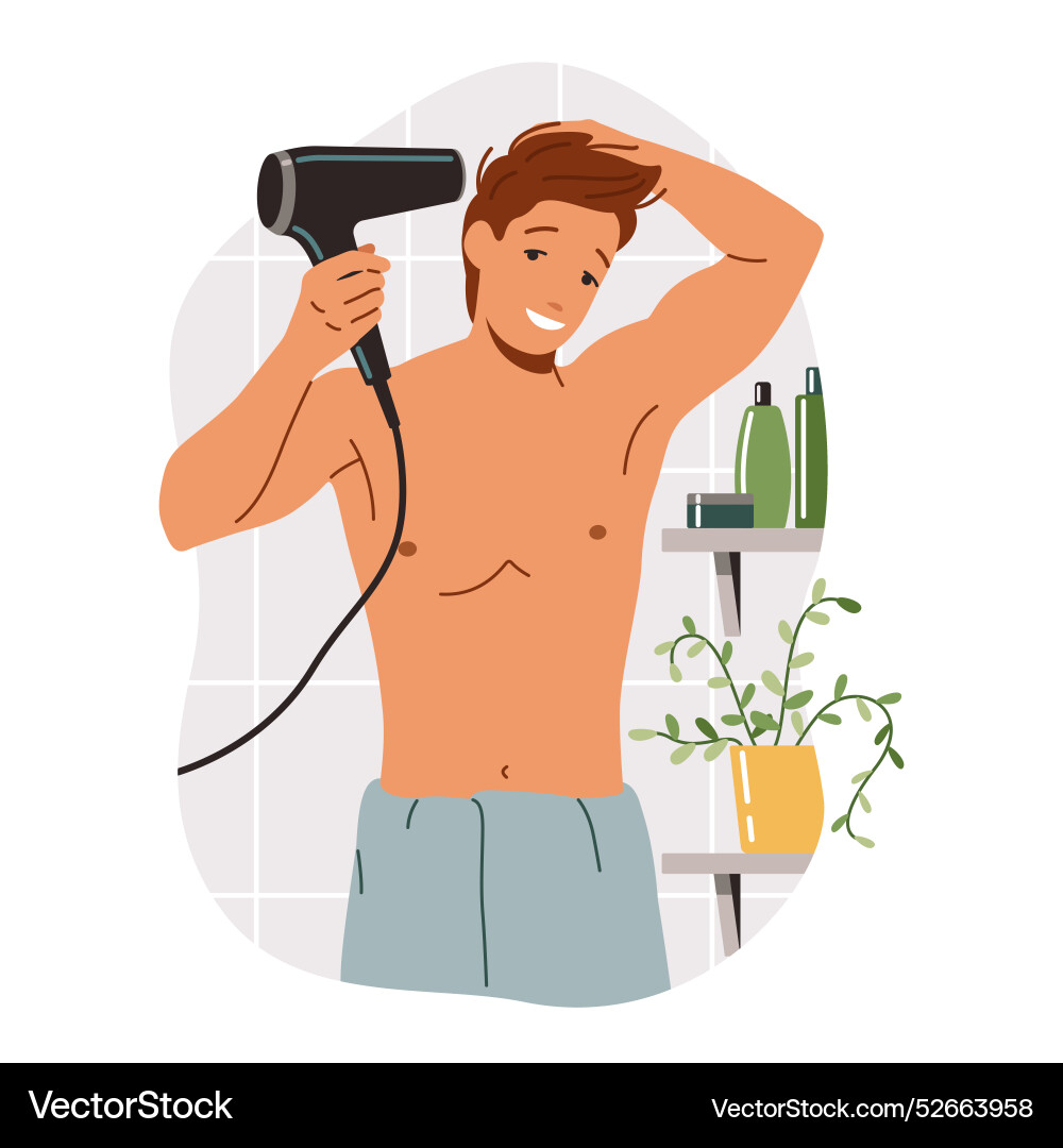 Man with bare chest drying hair flat Royalty Free Vector