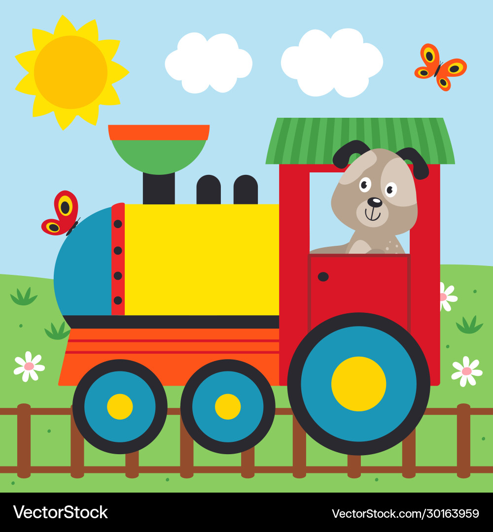 Dog on train rides rails Royalty Free Vector Image