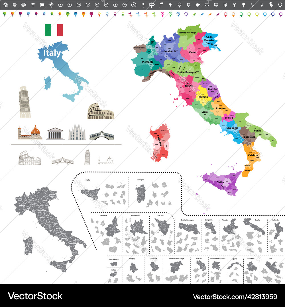 Italy high detailed map colored by regions Vector Image