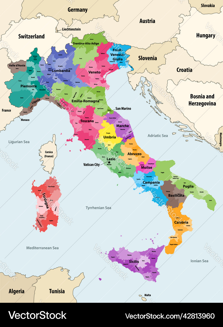 Italien Provinzen farbig nach Regionen Karte Vektorbild