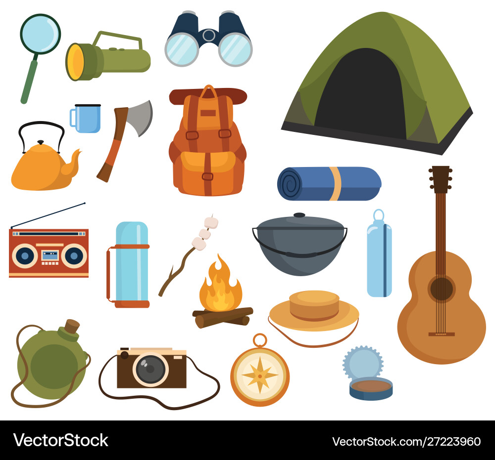 Set items for camping a collection cartoon Vector Image