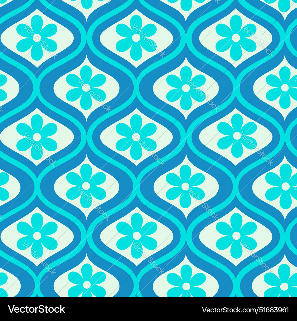 Retro blue flowers on ogee seamless pattern Vector Image
