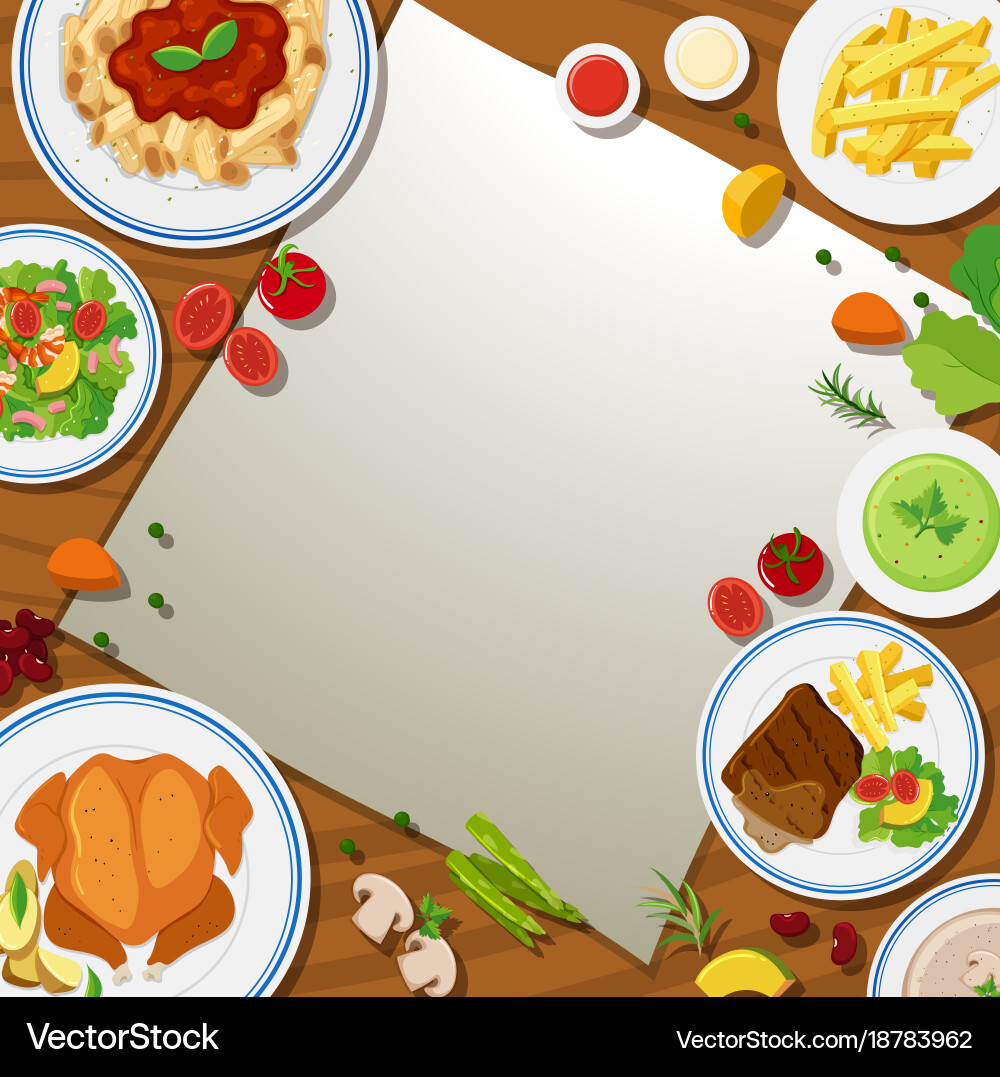Border template with different food in the plates Vector Image
