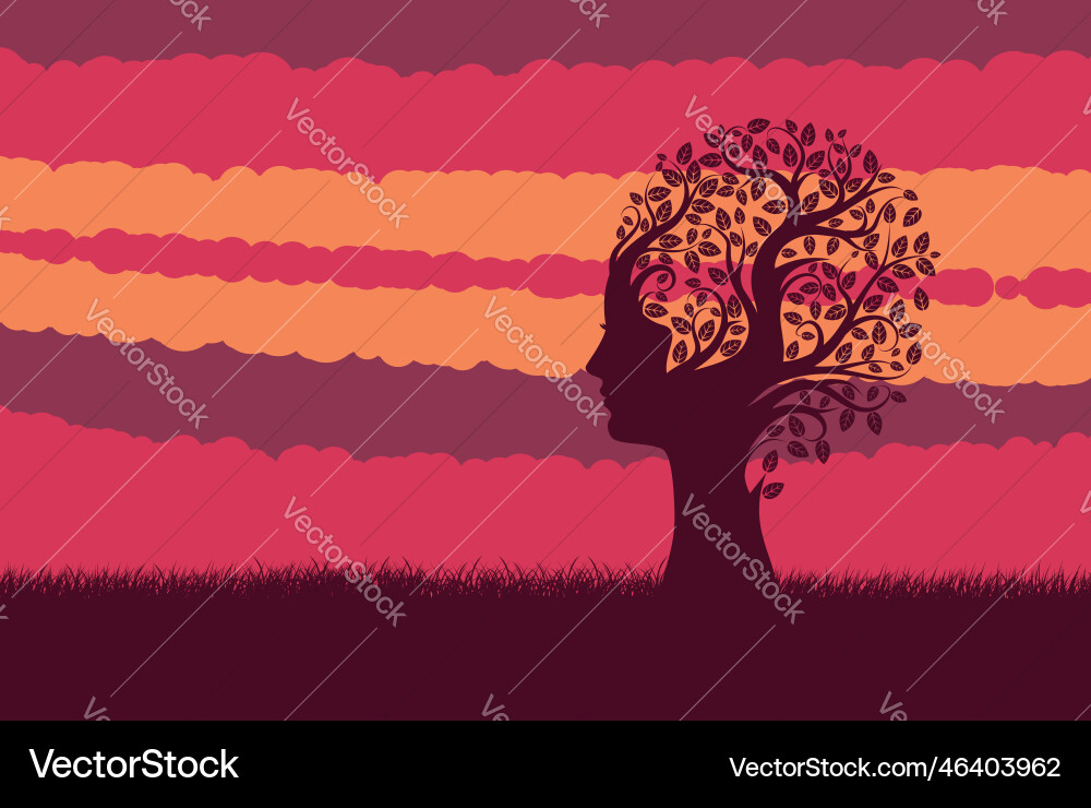Tree with female head and grass at sunset Vector Image