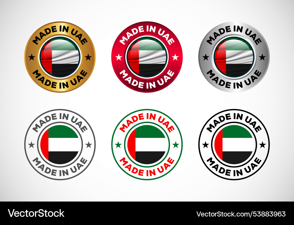 Made in uae label icon with flag set Royalty Free Vector