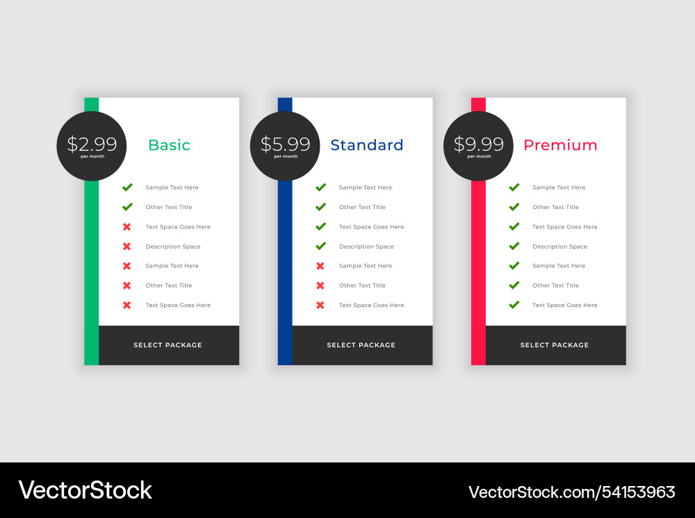 Plans and pricing comparison template Royalty Free Vector