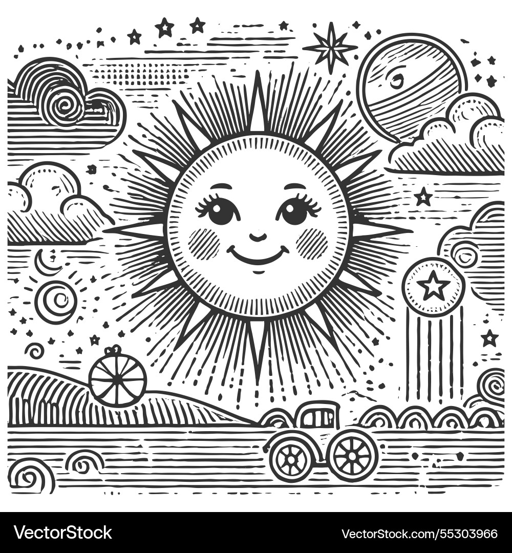 Cute whimsical sun with smiling face Royalty Free Vector