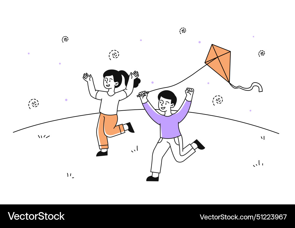 Kids play with kite linear Royalty Free Vector Image
