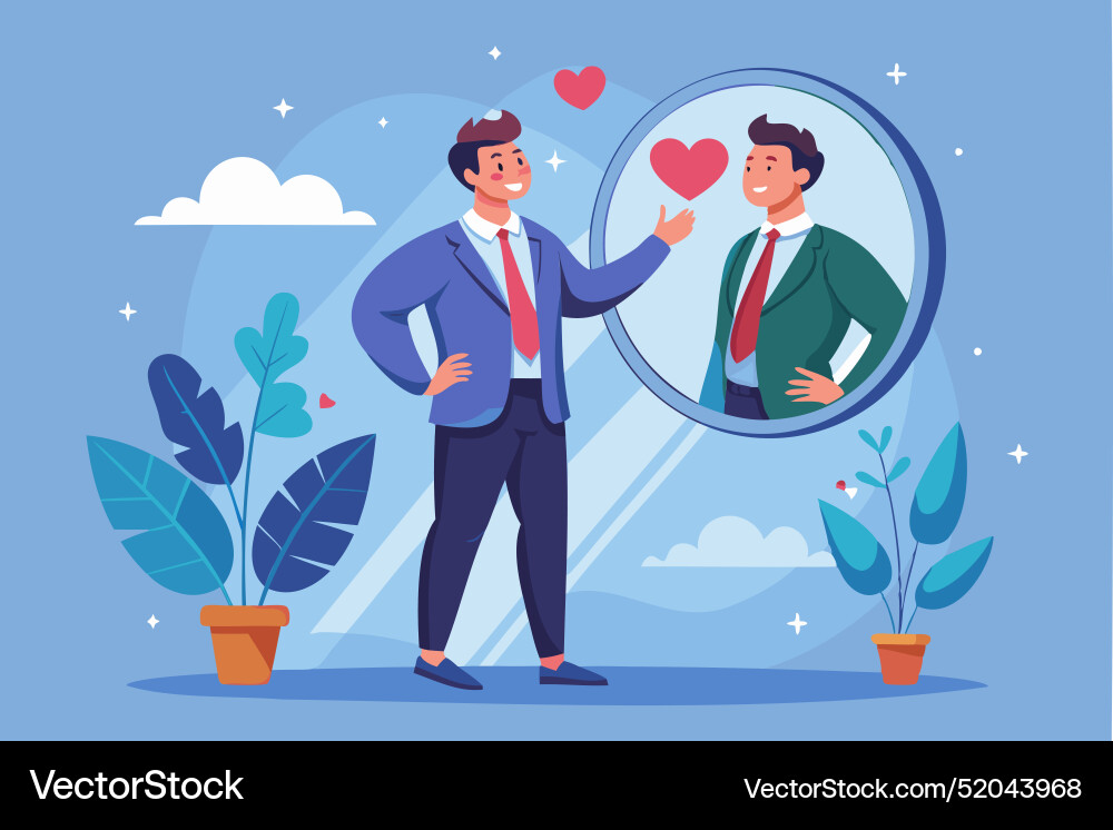 Businessman embracing self-love in mirror Vector Image