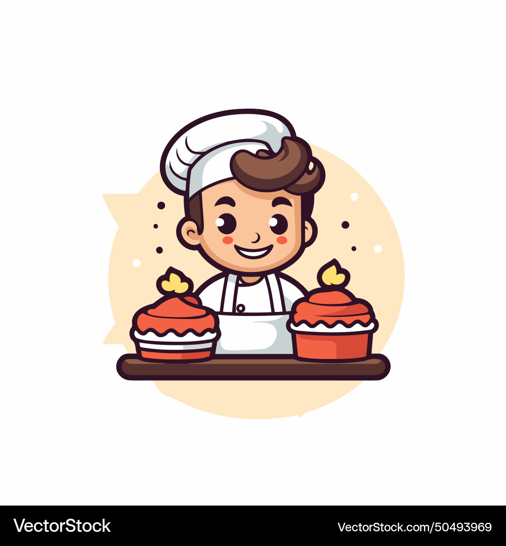 Cute boy chef with cupcakes in cartoon style Vector Image