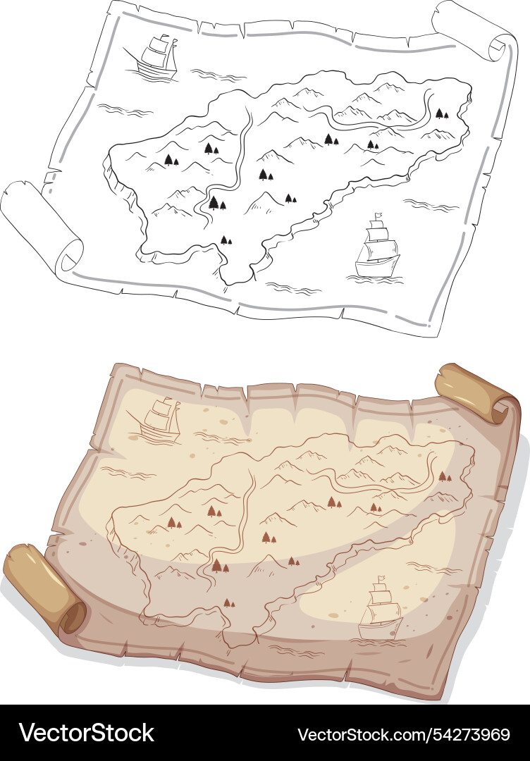 Old map with ships and mountains Royalty Free Vector Image