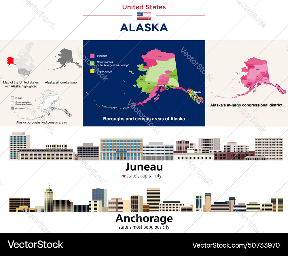 Alaska Boroughs and Census Areas Map Royalty Free Vector
