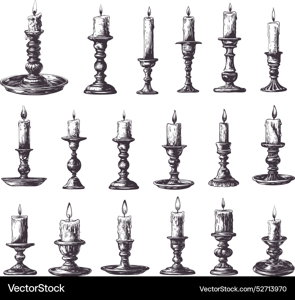 Hand drawn candle holder set engraving vintage Vector Image