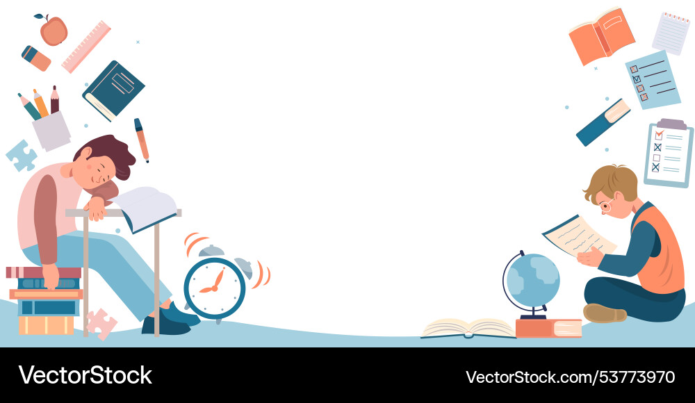 Students studying with books and stationery Vector Image