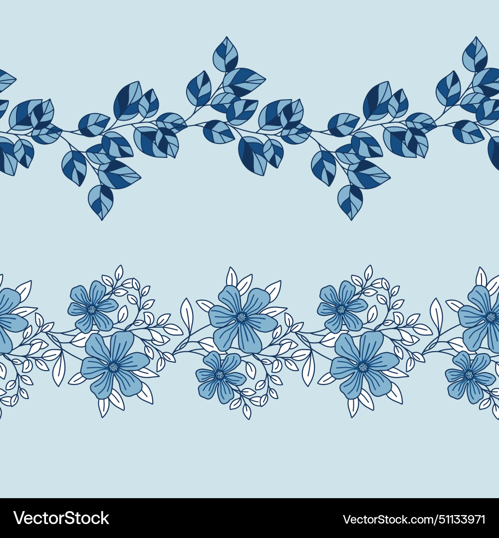 Blue monochrome flowers seamless borders set Vector Image