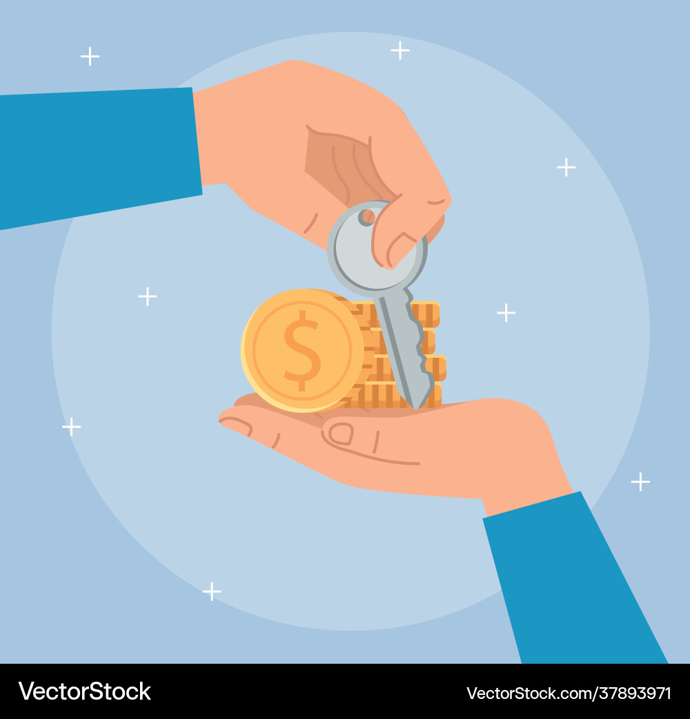 Coins and key between hands Royalty Free Vector Image