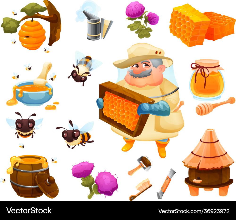 Honey bee icon set with honeycomb hive Royalty Free Vector