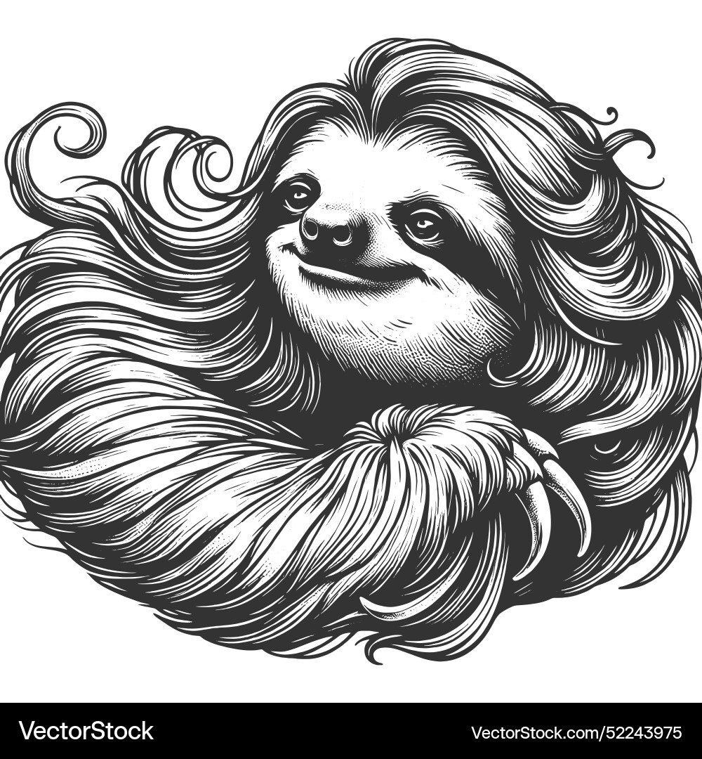 Whimsical sloth with flowing hair engraving Vector Image