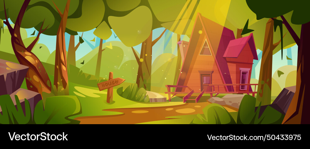 Wooden house in sunny forest Royalty Free Vector Image