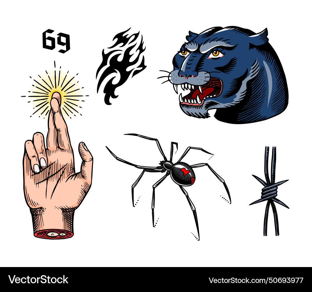 Old school tattoo set tiger and lips eagle Vector Image