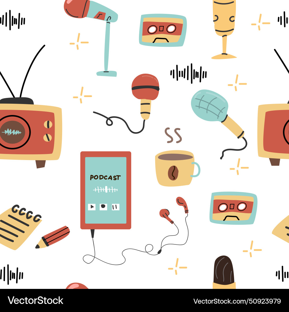 Podcast seamless pattern background with audio Vector Image