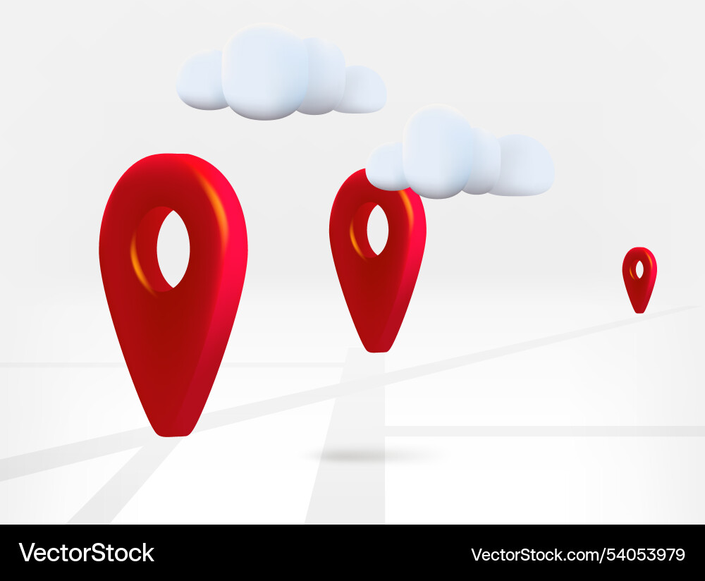 Red map pins with road and clouds 3d isolated Vector Image