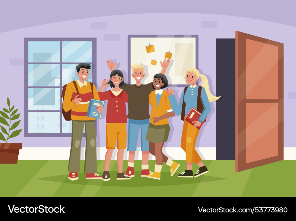 Diverse group of students in school hallway Vector Image