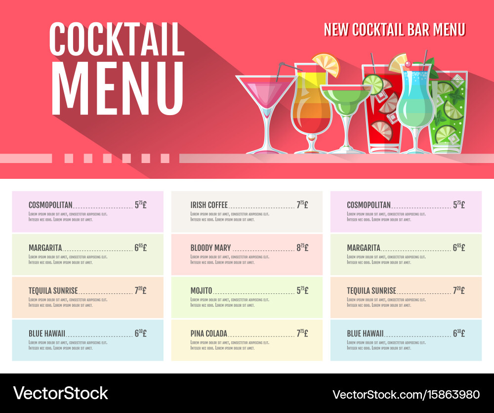 Flat style cocktail menu design Royalty Free Vector Image