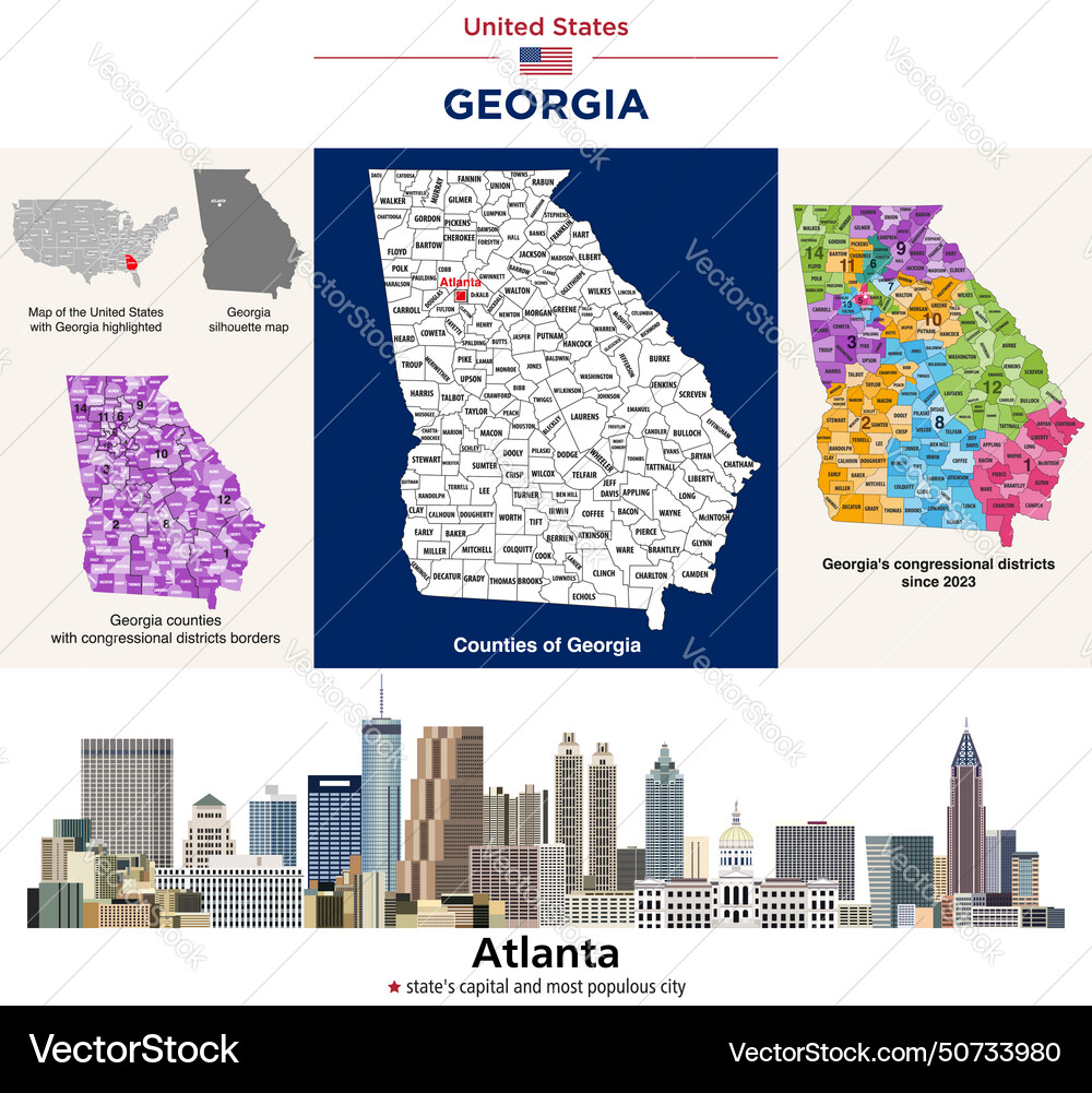 Georgia counties map and congressional districts Vector Image