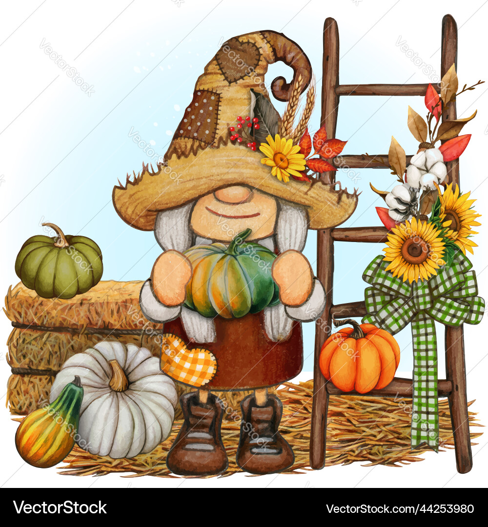 Watercolor cute fall season gnome Royalty Free Vector Image