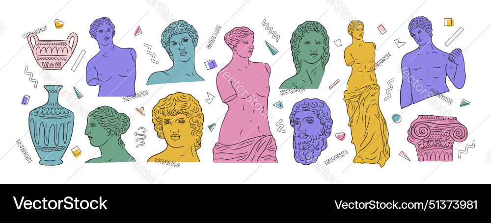 Greek ancient big set various antique statues Vector Image