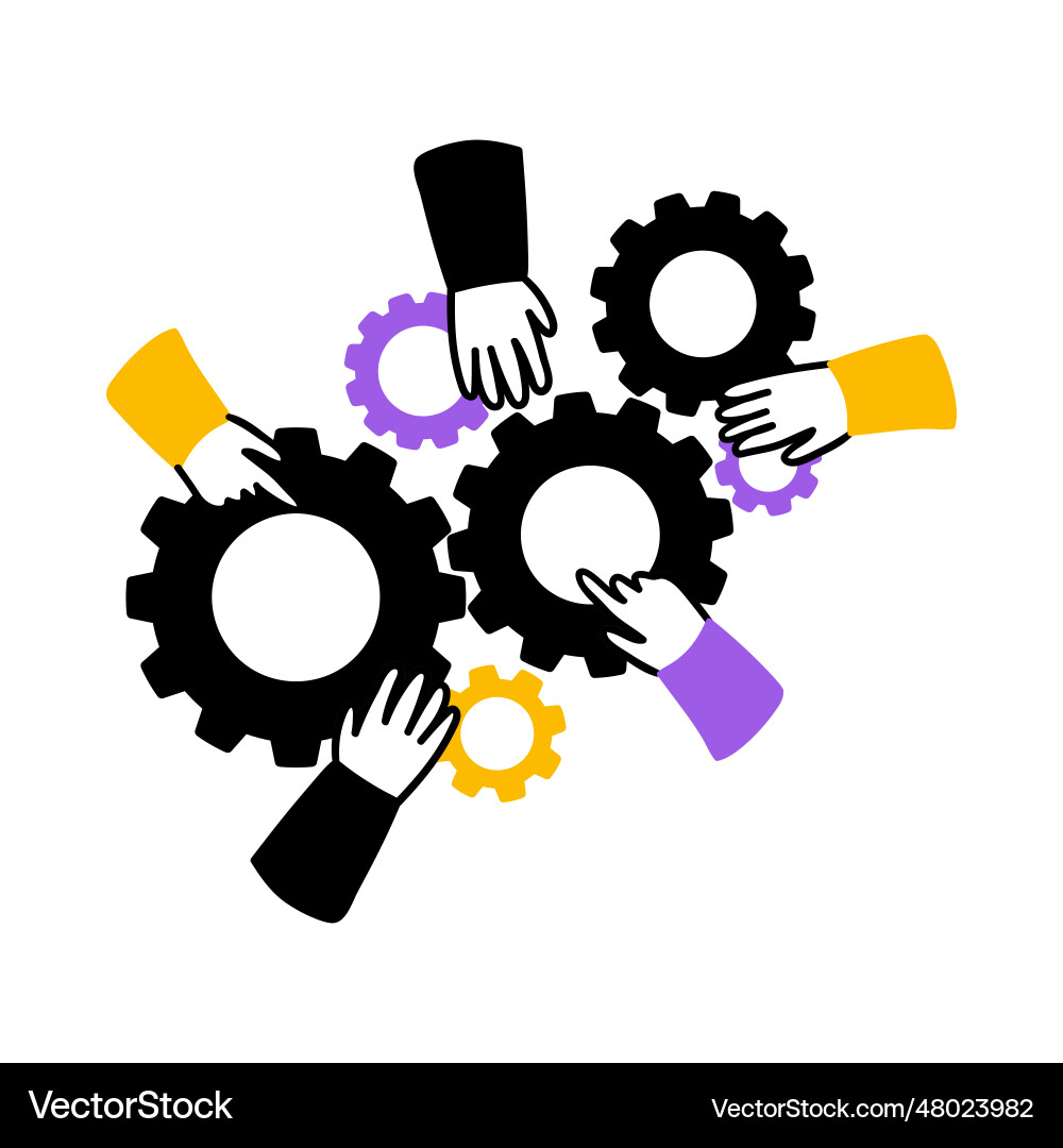 Cartoon Farbteamwork Konzept mit Hand und Getriebe