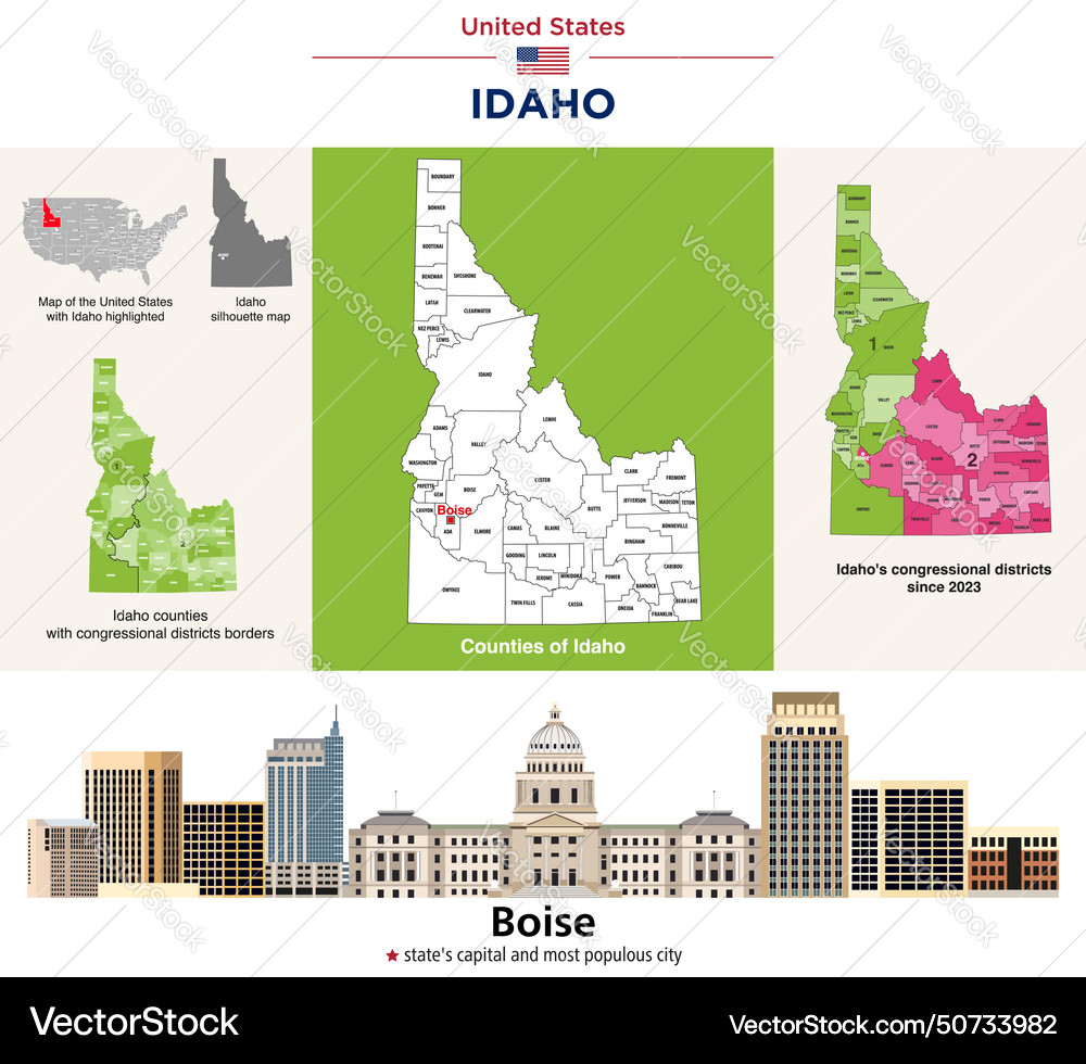 Idaho counties map and congressional districts Vector Image