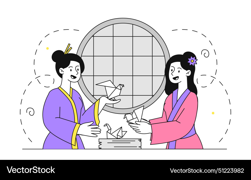 Japanese women with origami linear Royalty Free Vector Image