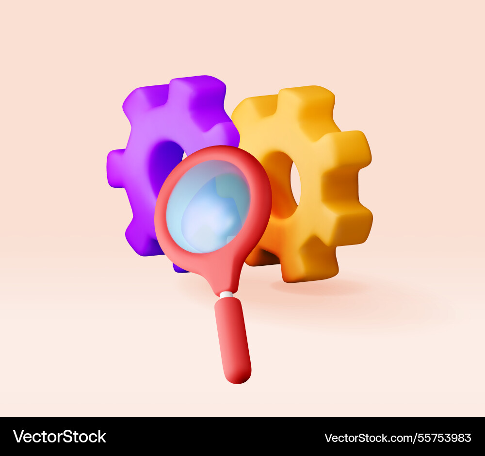 3d cog gears with magnifying glass isolated Vector Image