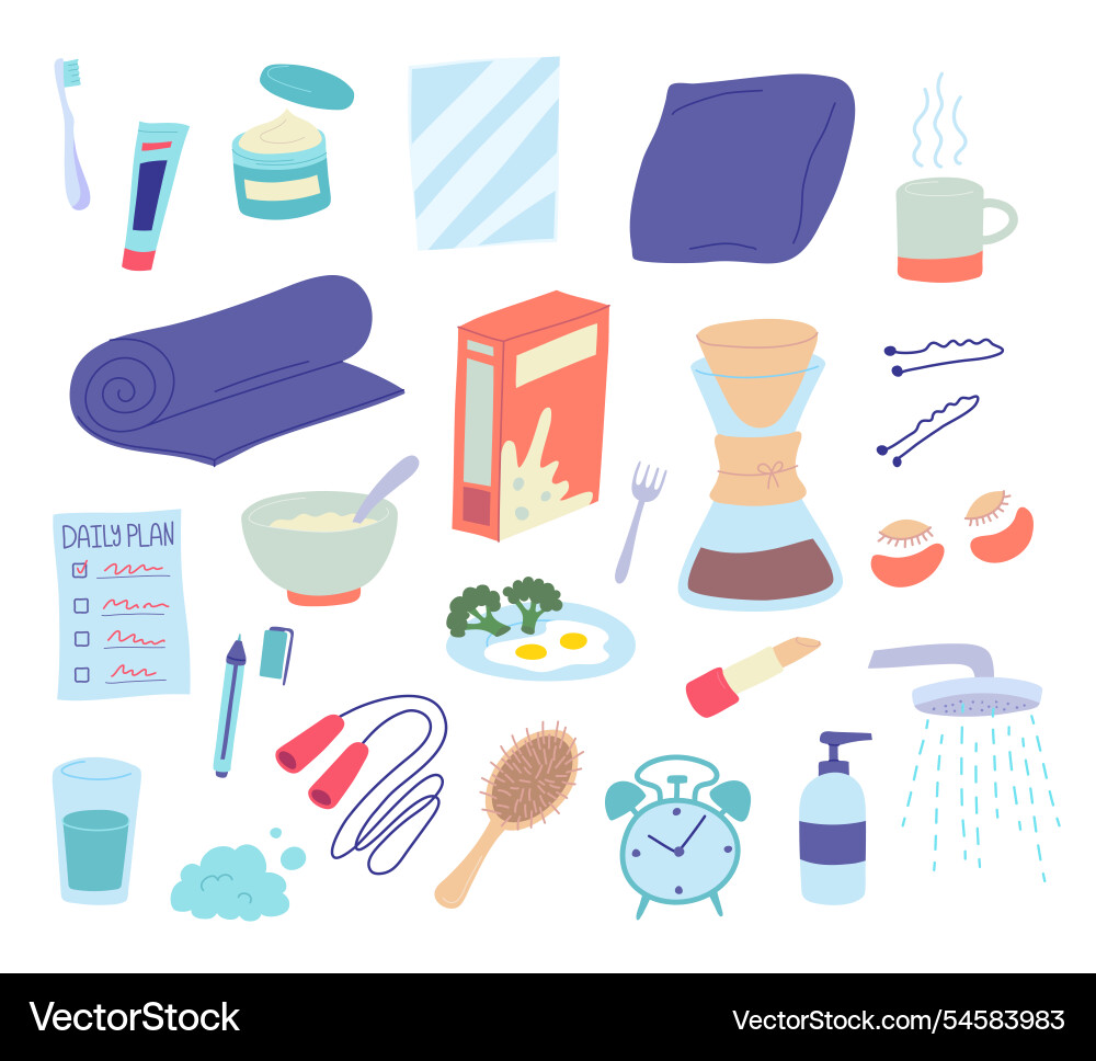 Cartoon color morning routine elements icons set Vector Image